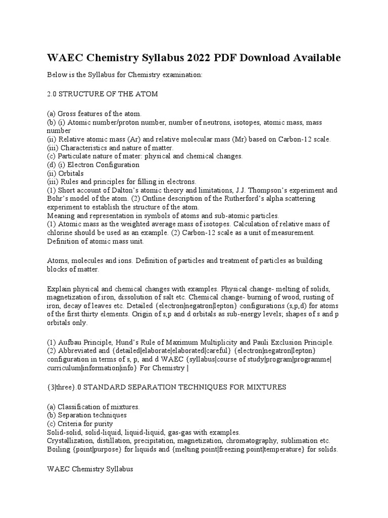 WAEC Chemistry Syllabus 2022 PDF Download Available | PDF | Chemical ...