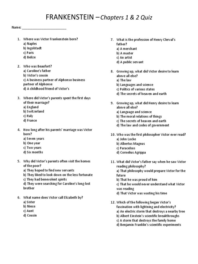 Frankenstein Chapters 1-4 Quiz | PDF | Frankenstein