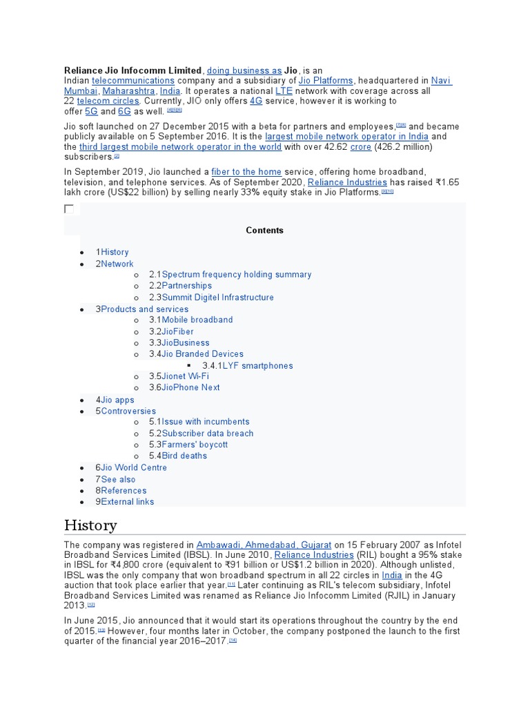 Overview of Reliance Jio Infocomm | PDF | Information Technology ...