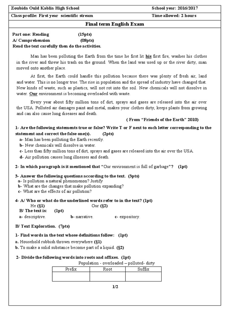 1AS Final Exam | PDF | Oven | Pollution