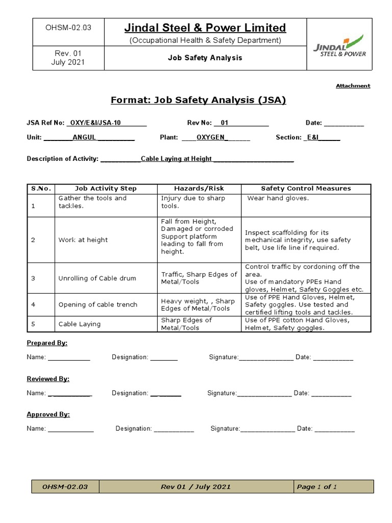 10 JSA Cable Laying at Height | PDF | Personal Protective Equipment ...