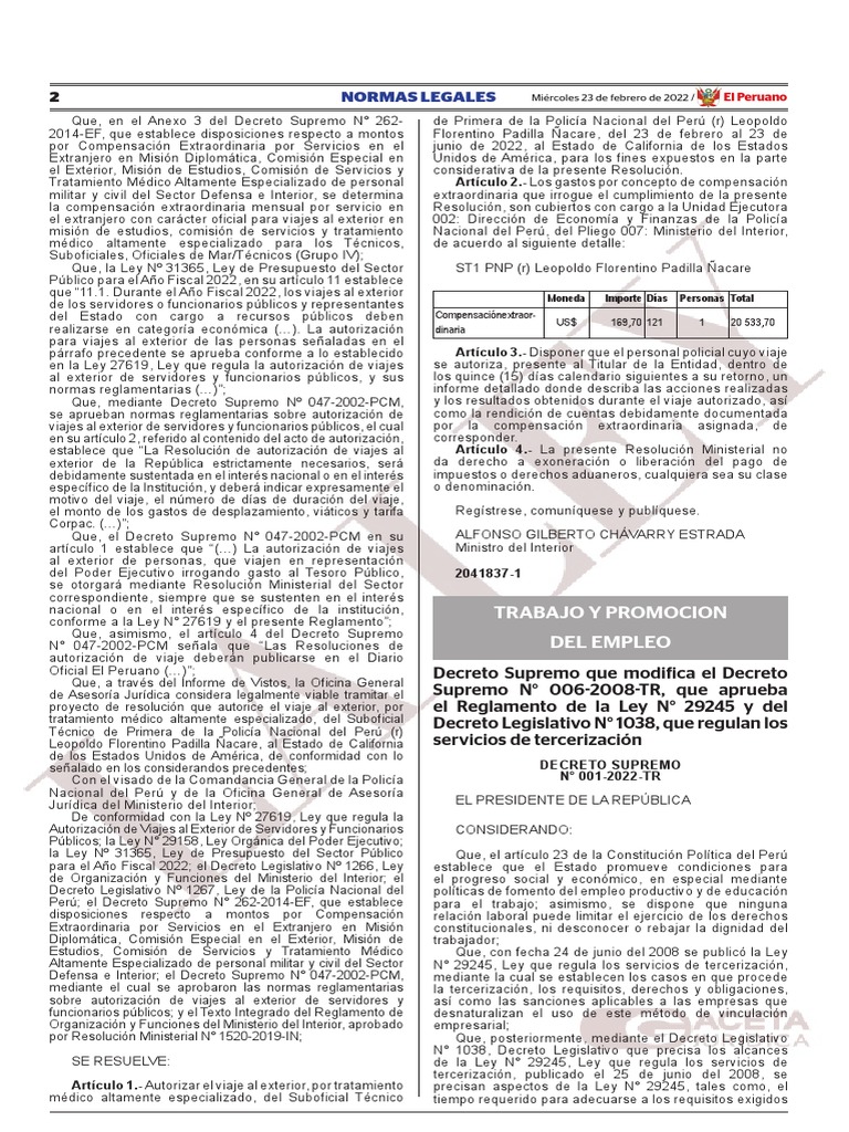 Decreto Supremo 001 2022 TR | PDF | Outsourcing | Derecho laboral