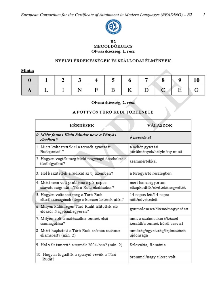 HU B2 Olvasaskeszseg Kulcs | PDF