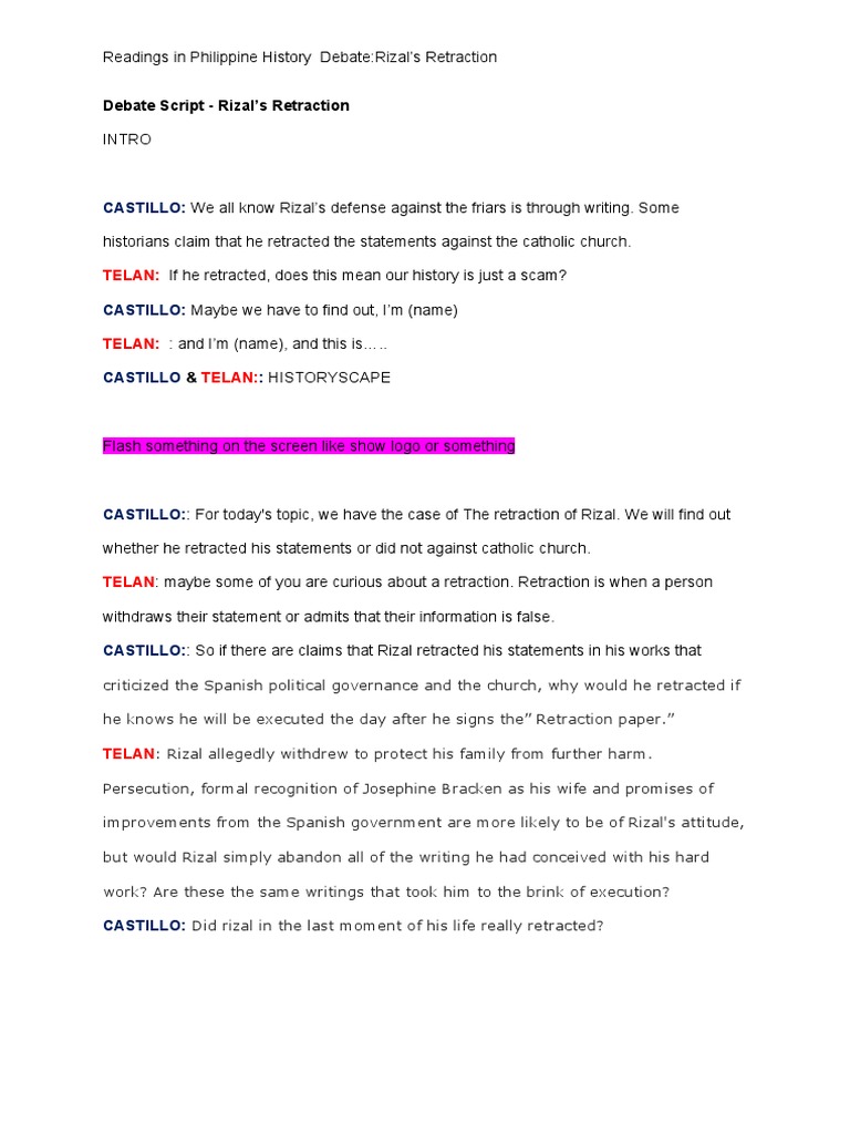Rizal's Retraction Debate-Script | PDF