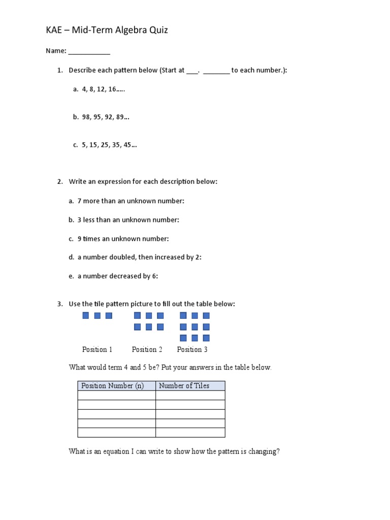 KAE - Mid-Term Algebra Quiz | PDF