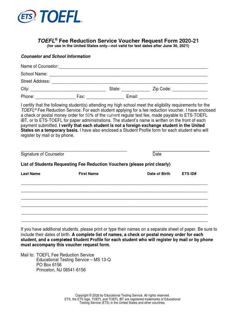 TOEFL Fee Reduction Voucher Request Form | PDF | Mail | Test Of English ...