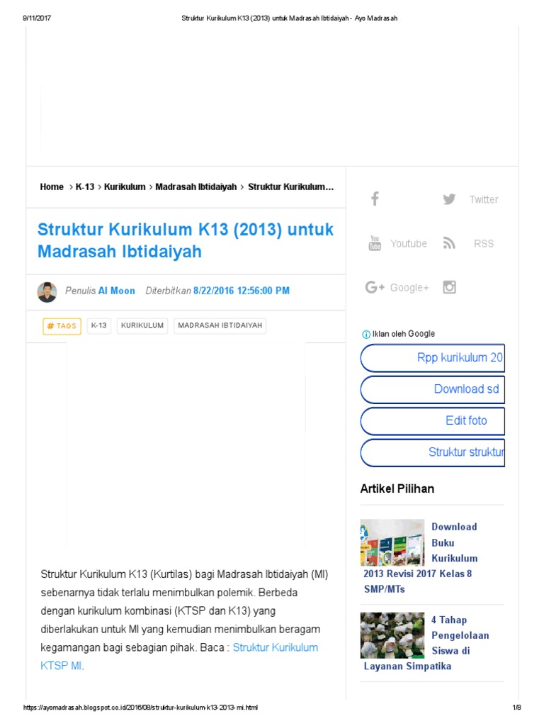 Struktur Kurikulum K13 (2013) Untuk Madrasah Ibtidaiyah - Ayo Madrasah ...