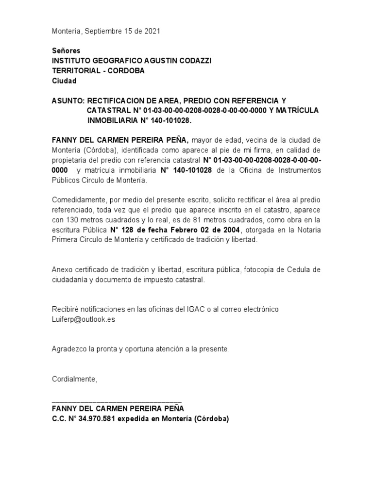Solicitud Rectificacion de Area Igac | PDF | Datos geográficos e información | Derecho Civil ...