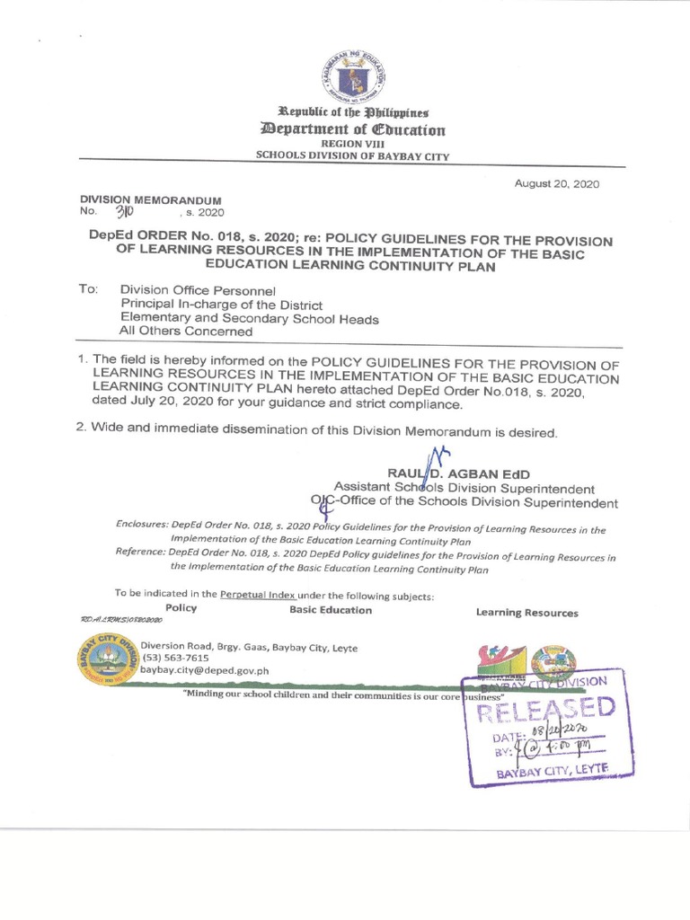 310 S. 2020 DepEd ORDER No.018 S. 2020 Re Policy Guidelines For The ...