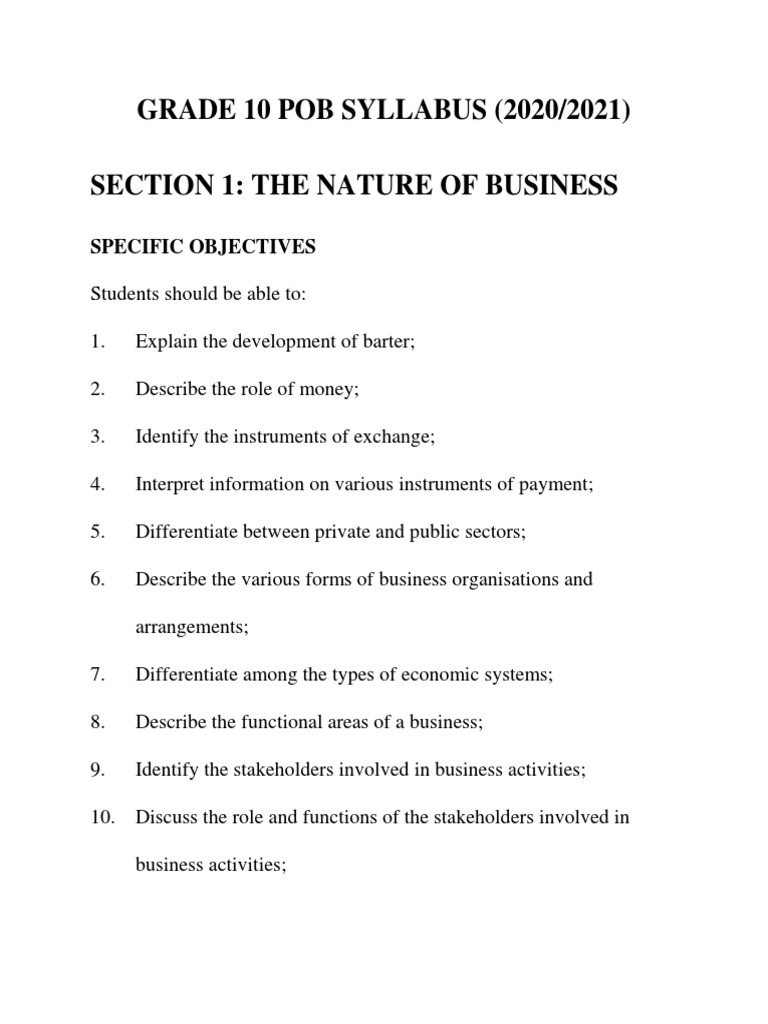 GRADE 10 POB SYLLABUS (2020/2021) Section 1: The Nature of Business ...