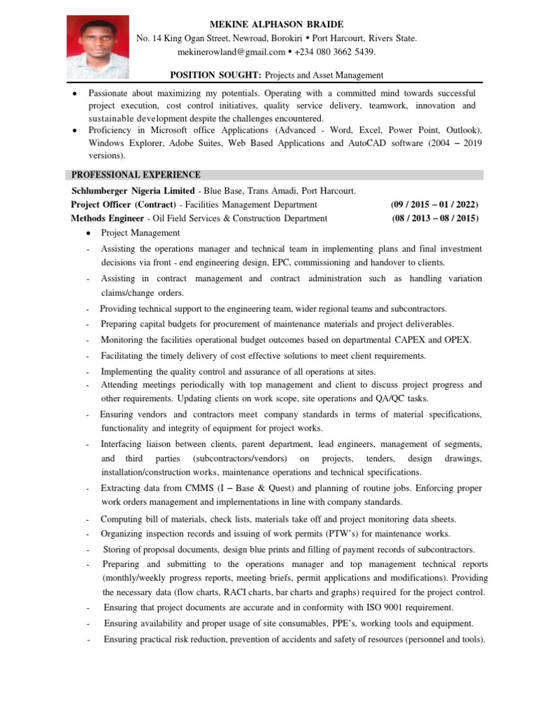 A Detailed Resume for a Project and Asset Management Position | PDF | Specification (Technical ...