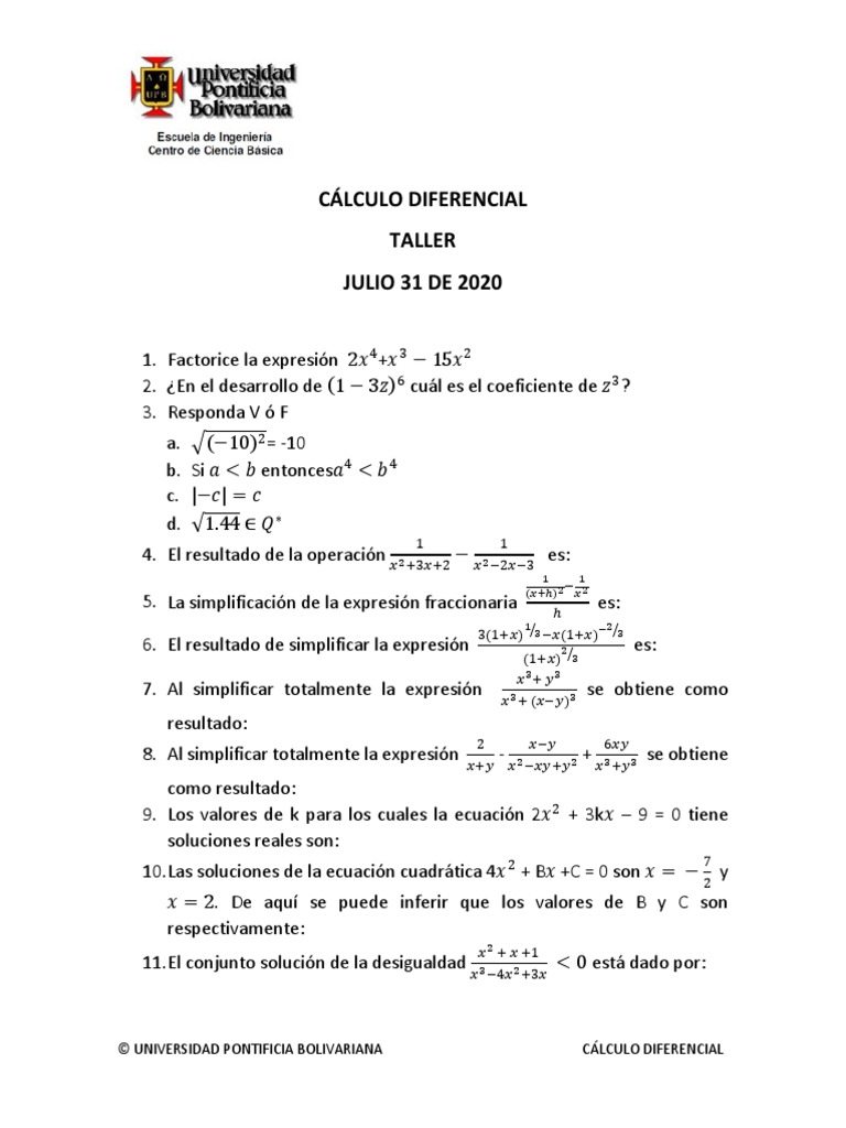 Taller de Precálculo. | PDF | Ecuaciones | Matemática Elemental