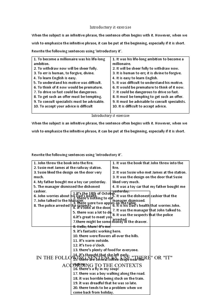 Introductory "It" and "There" Exercises | PDF