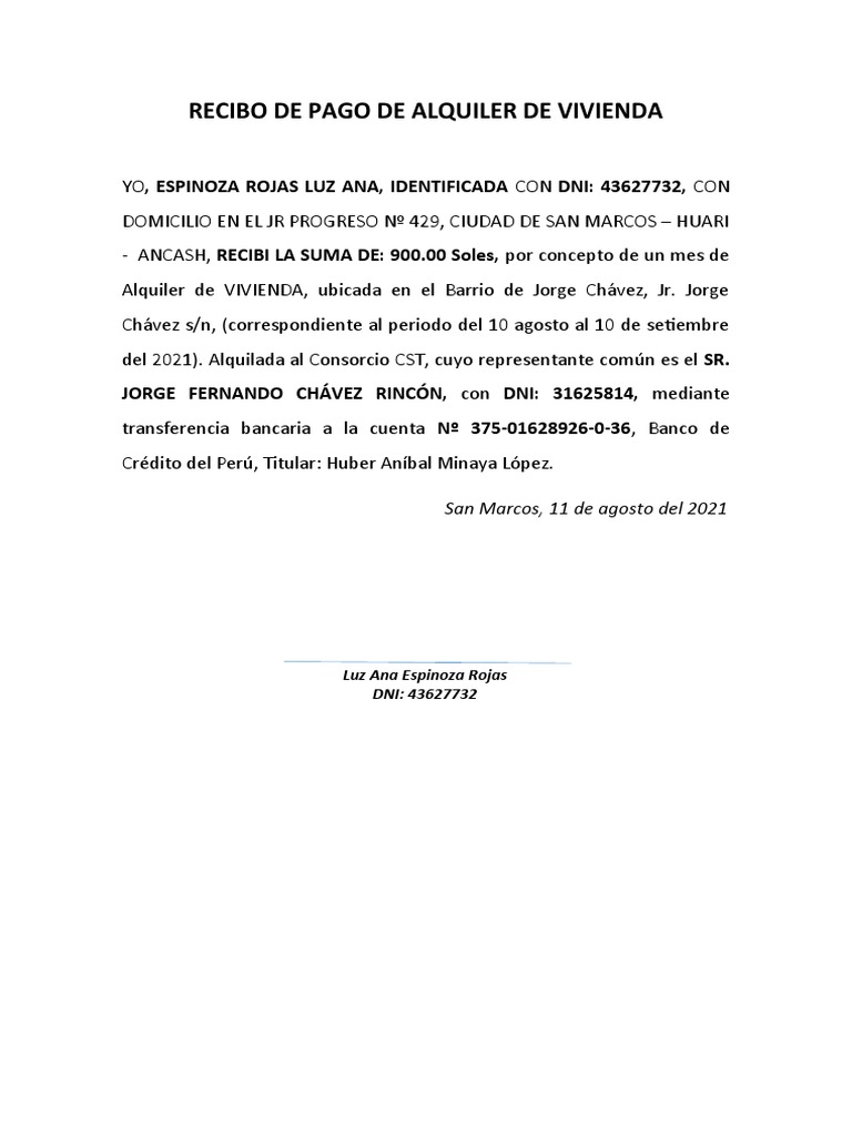 Recibo de Pago de Alquiler de Vivienda Agosto | PDF
