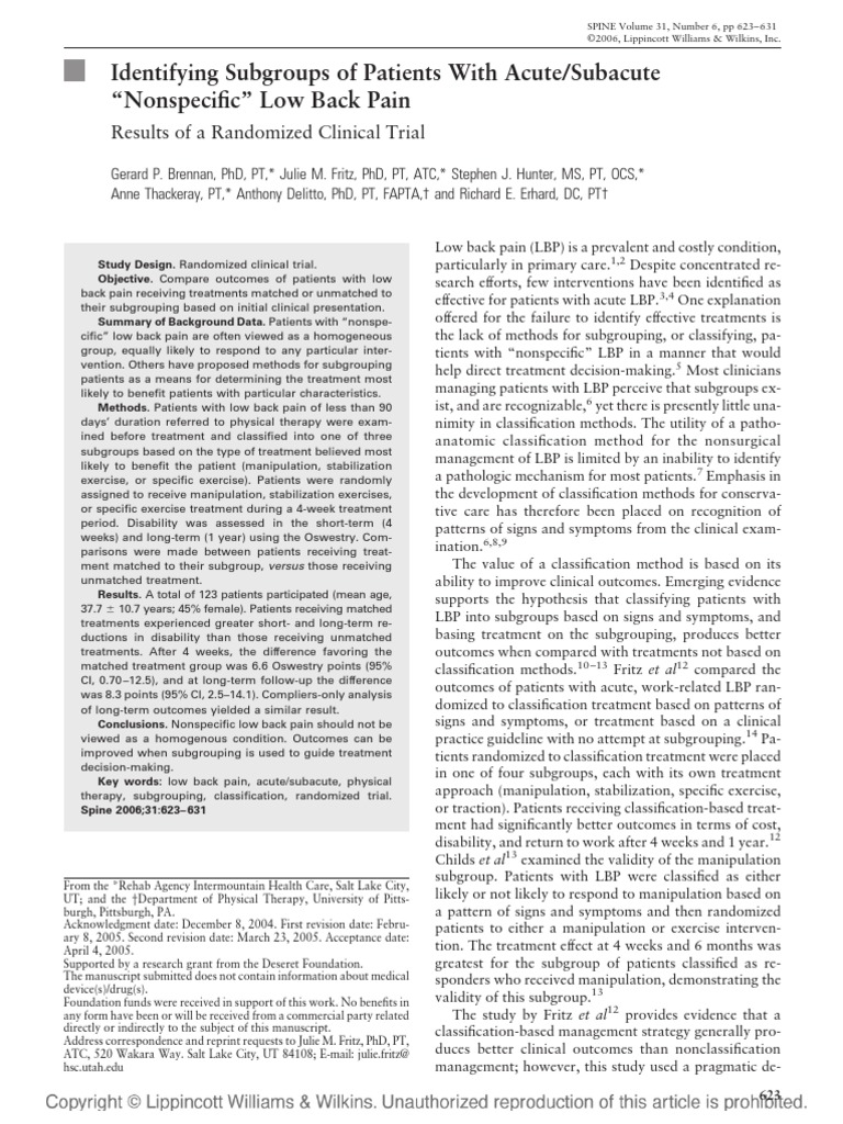 Brennan Et Al Spine 2006 RCT LBP | PDF | Low Back Pain | Physical Therapy