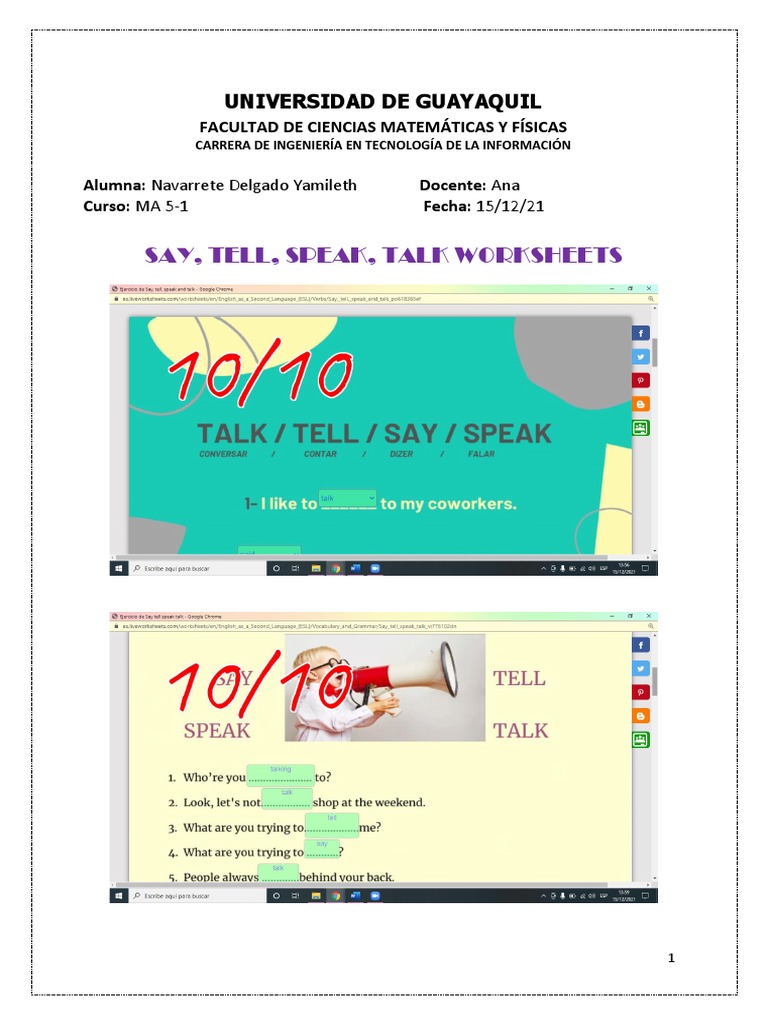 Say, Tell, Speak, Talk Worksheets | PDF