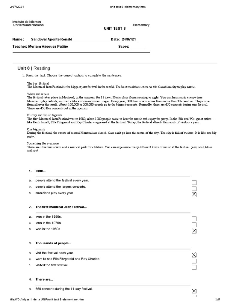 Unit Test 8 Elementary - HTM | PDF