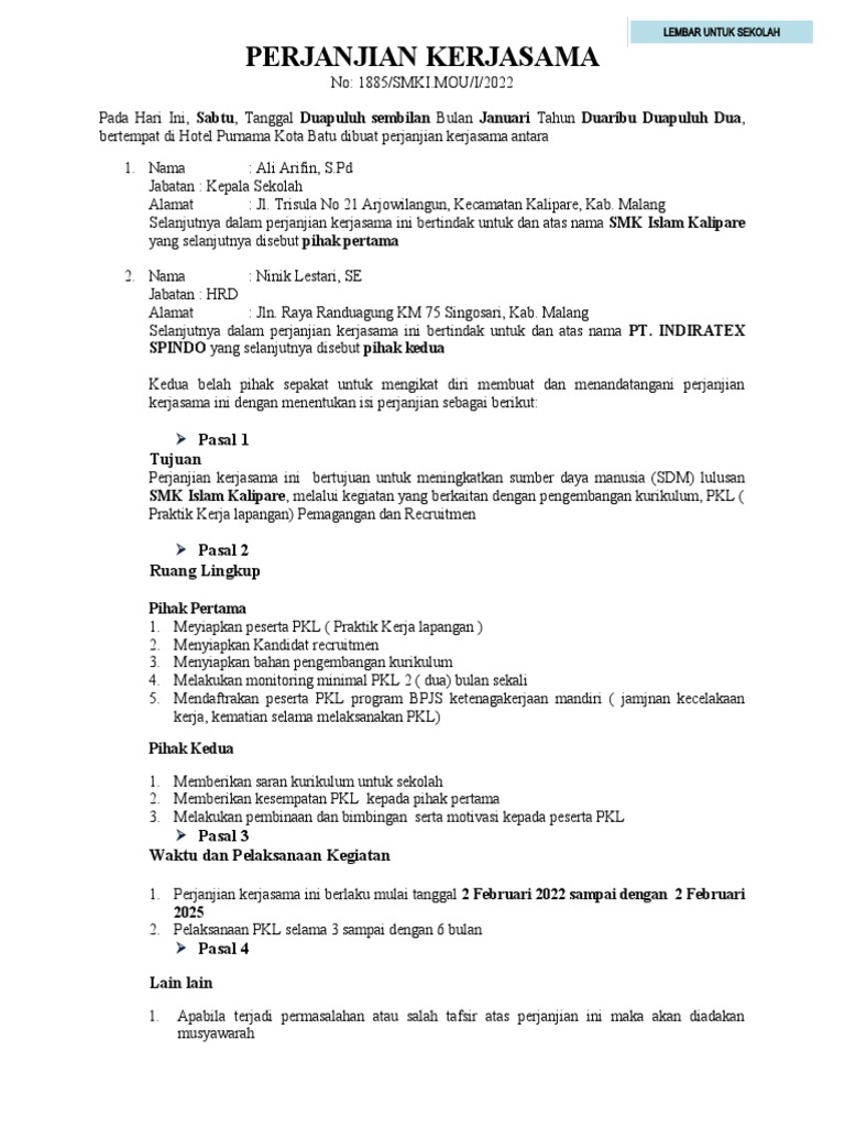 Perjanjian Kerjasama 1 Pt. Indiratex Spindo | PDF