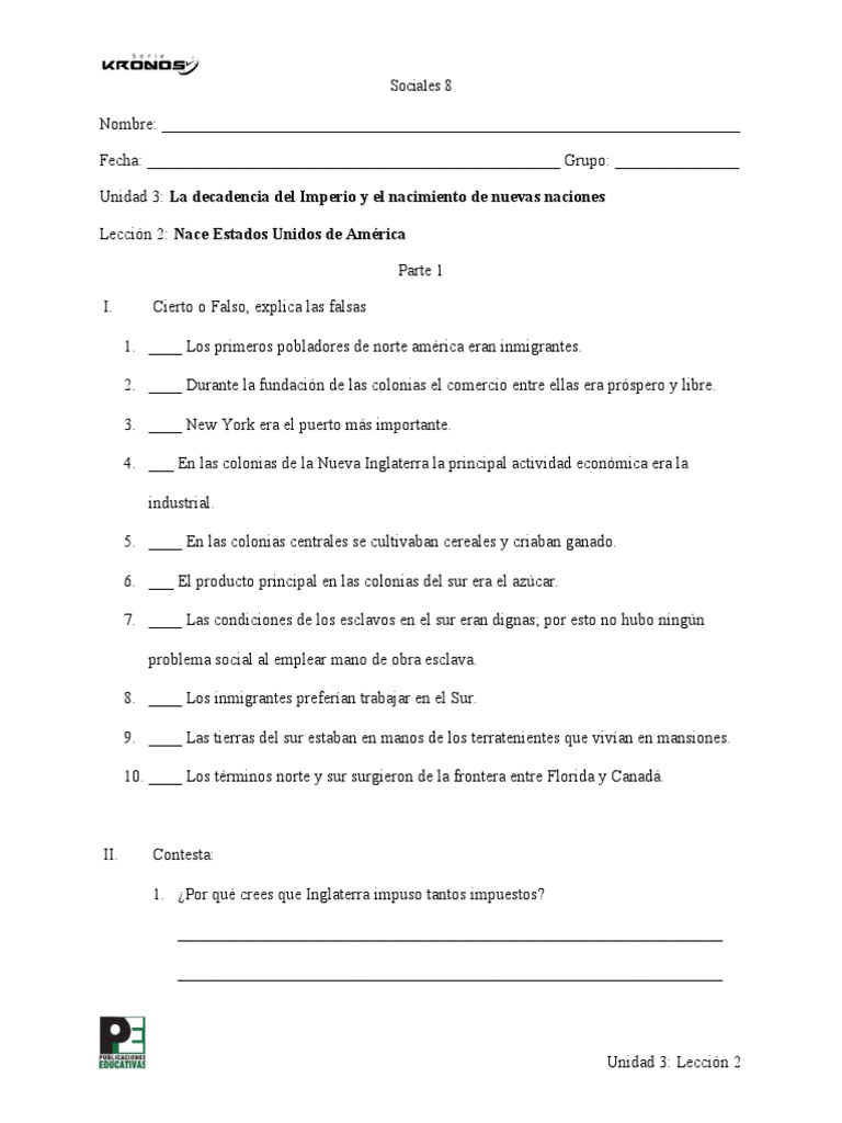 Examen, Unidad 3, Lecci N 2 | PDF | Guerra revolucionaria americana | Esclavitud