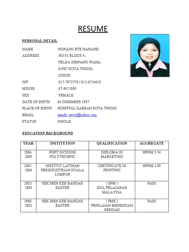My Resume Aini | PDF | Malaysia | Business