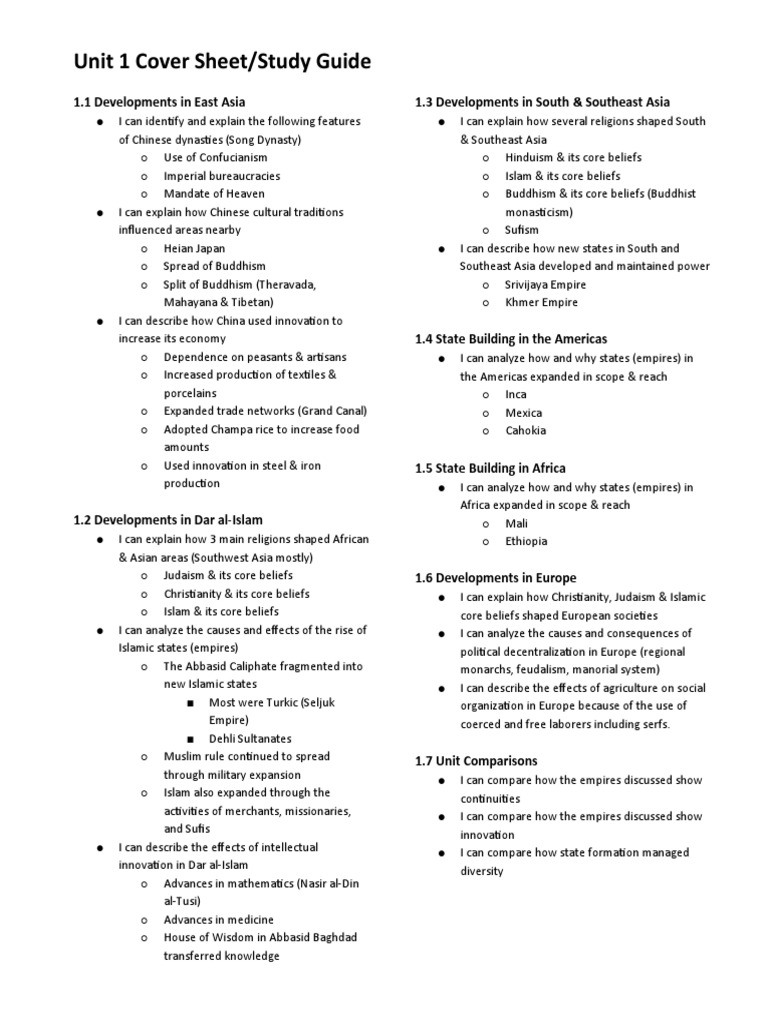 Unit 1 Cover Sheet/Study Guide: 1.1 Developments in East Asia 1.3 ...