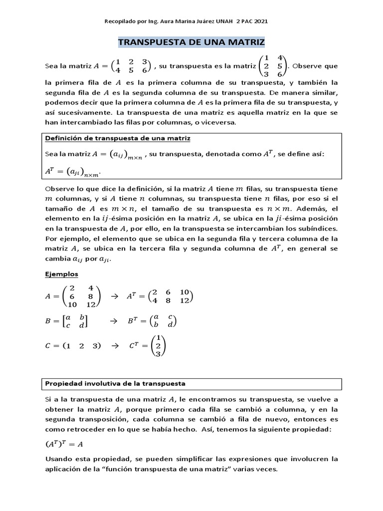 2-Transpuesta de Una Matriz | PDF | Matriz (Matemáticas) | Objetos ...