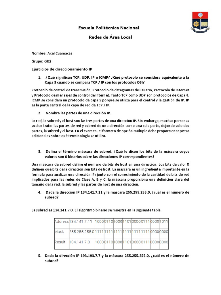 Ejercicios de Direccionamiento IP - Axel Cuamacás | PDF | Dirección IP | Protocolos de internet