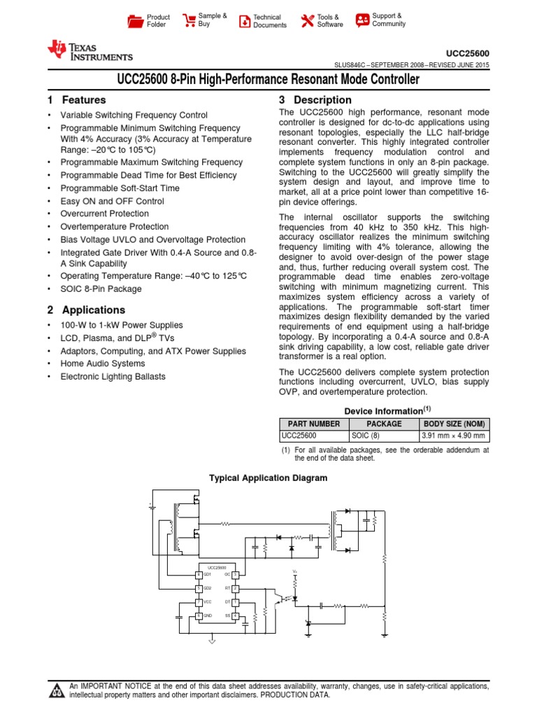 UCC25600 8-Pin High-Performance Resonant Mode Controller: 1 Features 3 ...