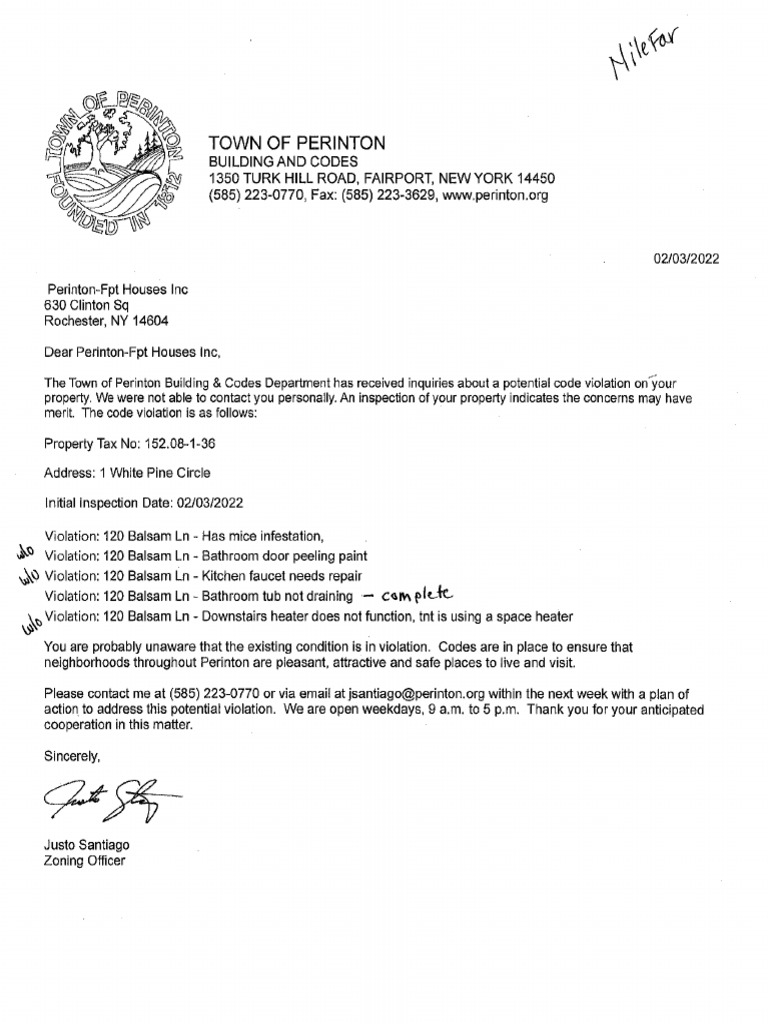 Pines of Perinton - Town Code Enforcement Letters | PDF