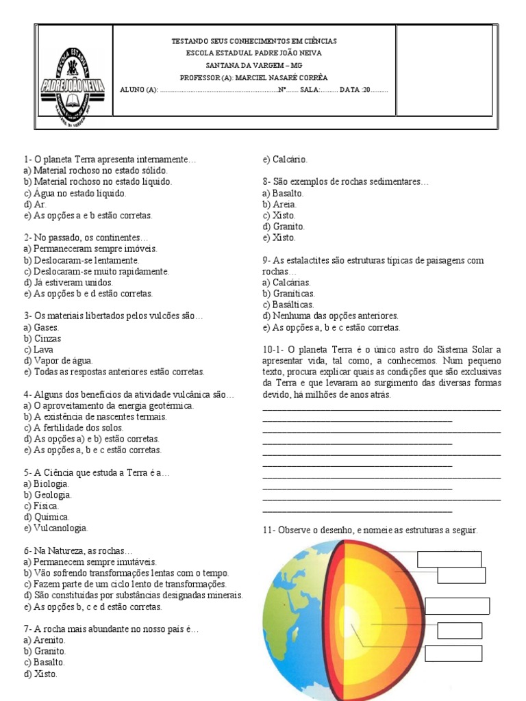 Atividade Estrutura Da Terra e Rohcas | PDF | Basalto | Terra