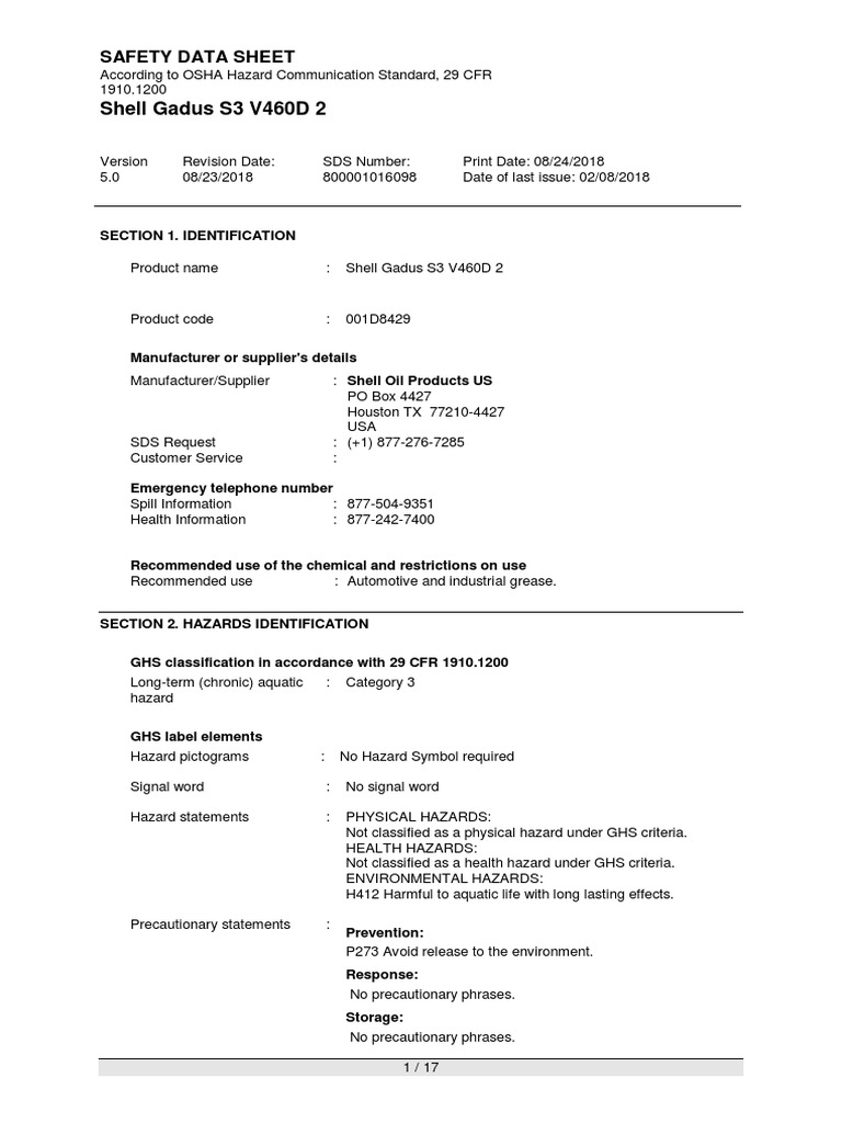 Shell Gadus S3 V460D 2: Safety Data Sheet | PDF | Working Conditions ...