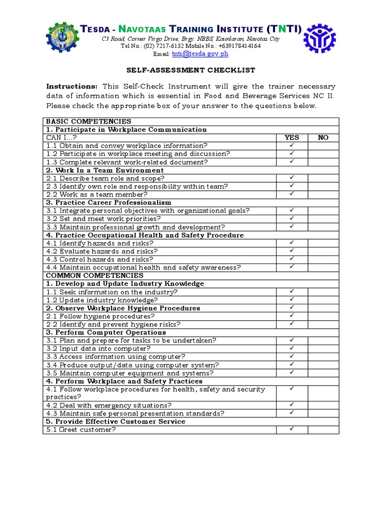 1 - Self Assessment Checklist | PDF | Restaurants | Business