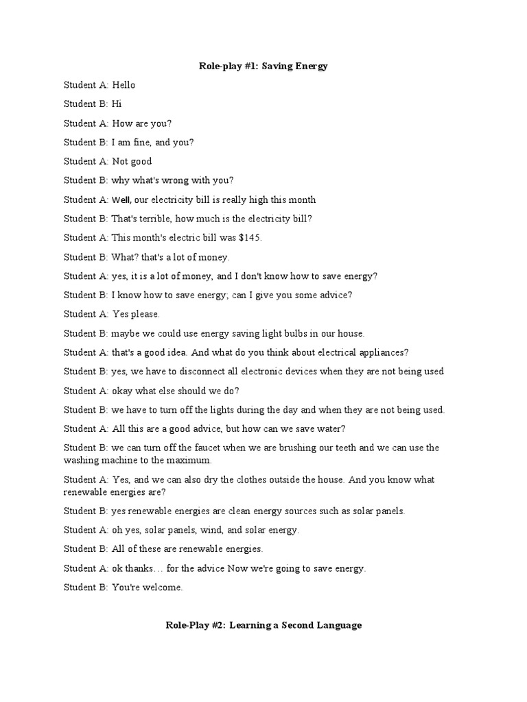 Role-play conversations on education, language learning & energy saving ...