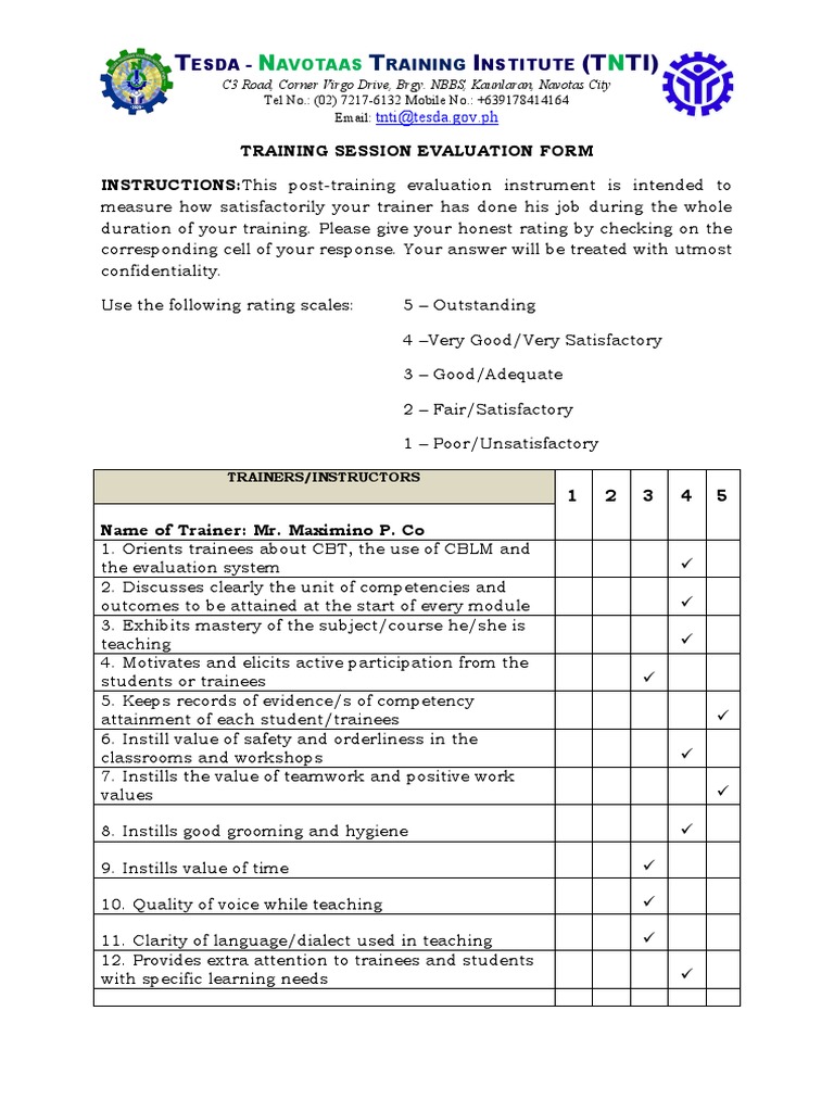 TESDA Navotas Training Evaluation Form | PDF | Change | Psychology