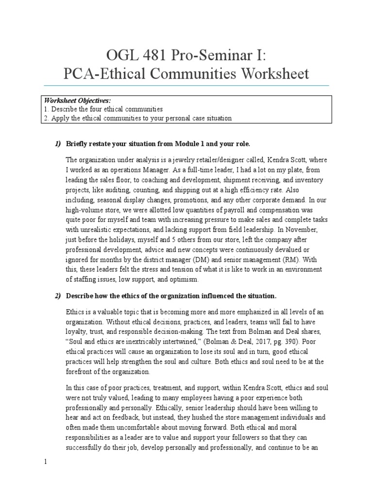 Ogl 481 Ethical Communities Worksheet | PDF | Leadership | Human Resources