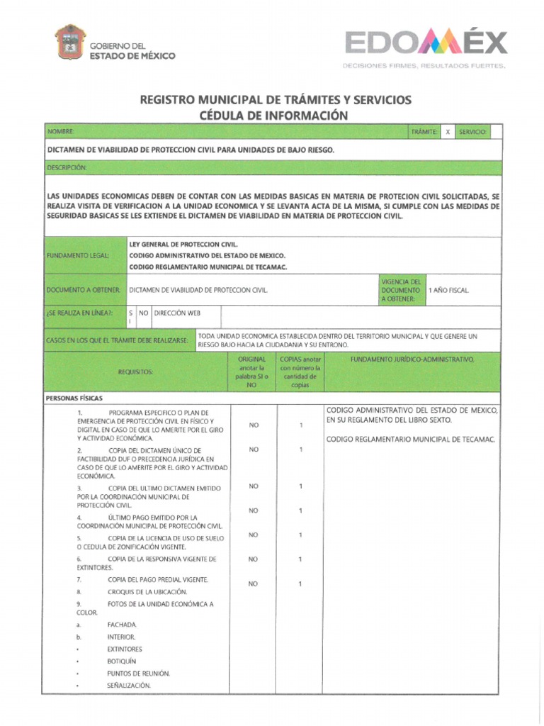 Dictamen de Vialidad de Protección Civil para Unidades de Bajo Riesgo | PDF