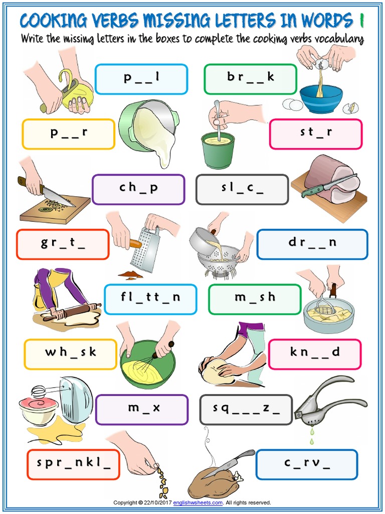 Cooking Verbs Vocabulary Esl Missing Letters in Words Worksheets For ...