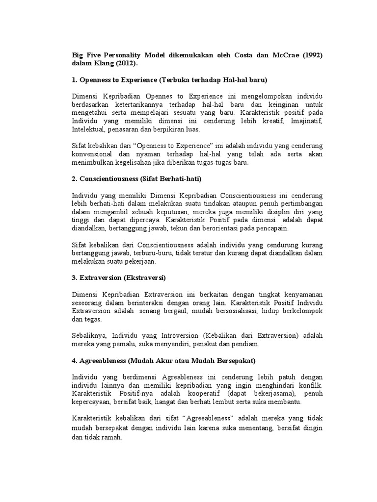 Big Five Personality Model Dikemukakan Oleh Costa Dan McCrae | PDF