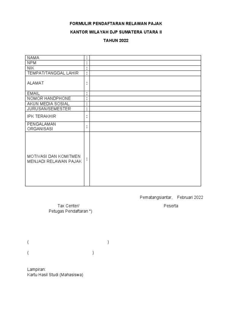 Formulir Pendaftaran Calon Relawan Pajak | PDF
