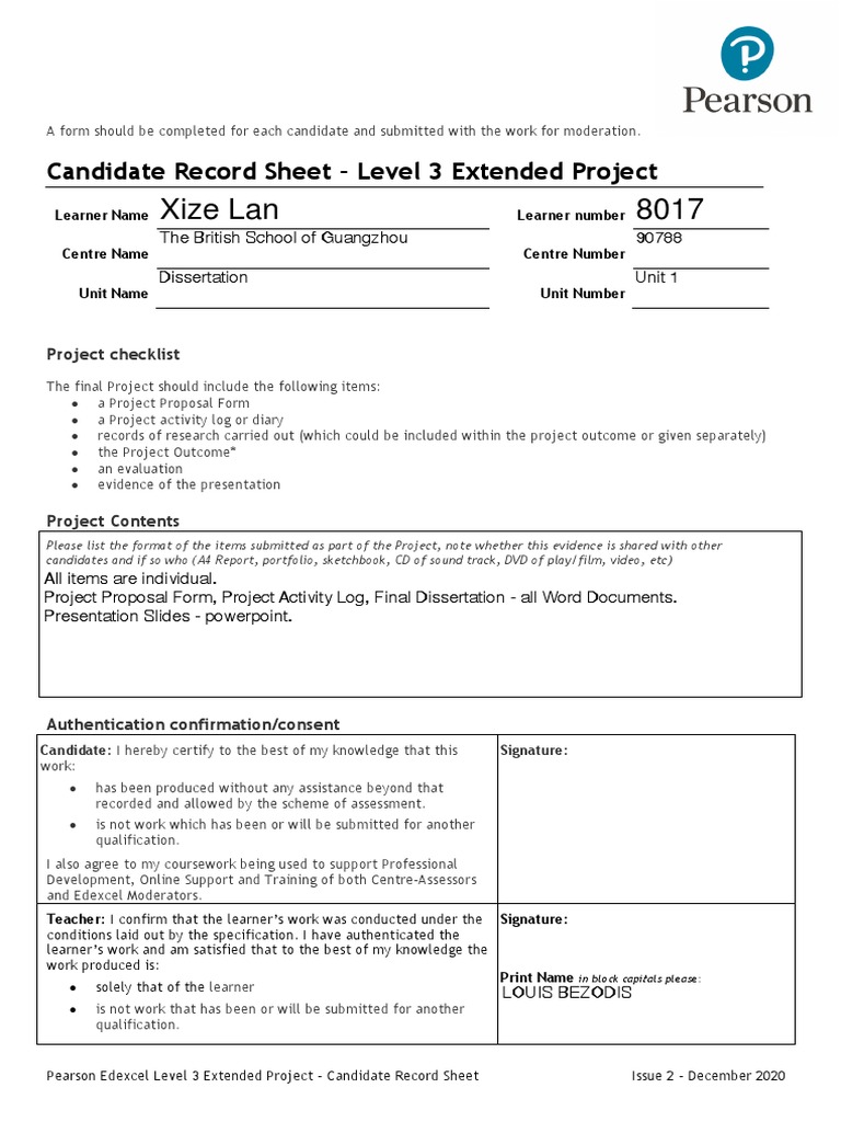 Level 3 Extended Project Candidate Record Sheet v5 | PDF | Learning ...