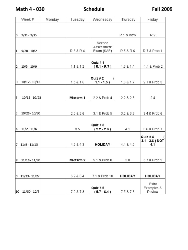 Math 4 Fall 2009 Schedule | PDF