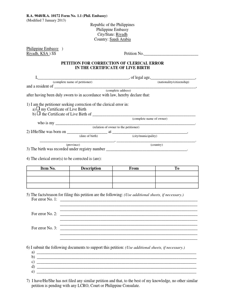 Petition For Correction of Clerical Error in The Certificate of Live Birth | PDF | Government ...