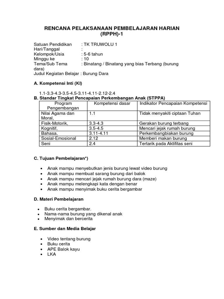 Rencana Pelaksanaan Pembelajaran Harian (RPPH) - 1: A. Kompetensi Inti (KI) | PDF