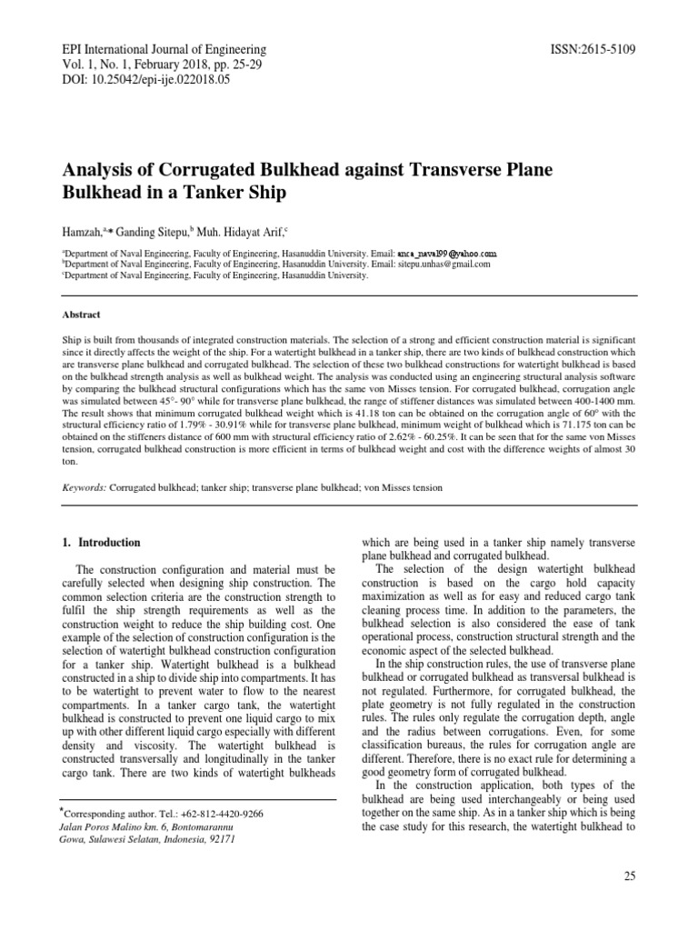 Analysis of Corrugated Bulkhead Against Transverse Plane Bulkhead in A ...