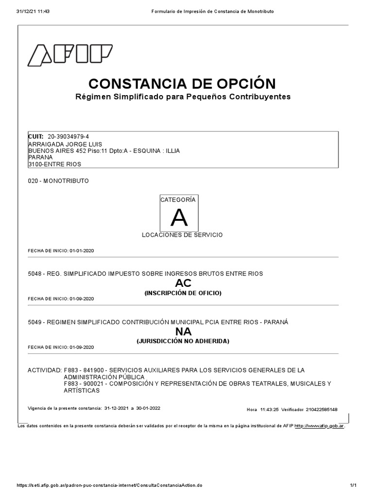 Constancia de Inscripcion AFIP | PDF