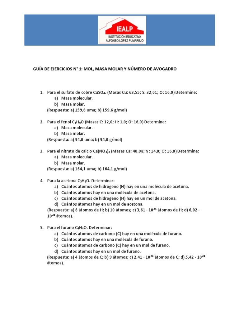10-5 Ejercicios-Moles-Moleculas-Y-Masa-Molar Junio 01 de 2020 | PDF | Mole (Unidad) | Compuestos ...