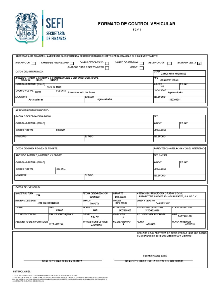Formato FCV-1 Control Vehicular Aguascalientes | PDF | Transporte ...