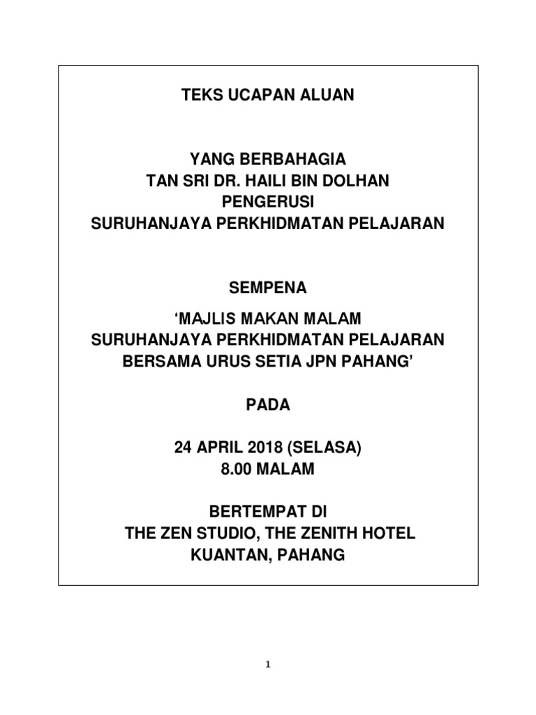Teks Ucapan Aluan Tan Sri Bagi Majlis Makan Malam Kuantan Edit 28329 | PDF
