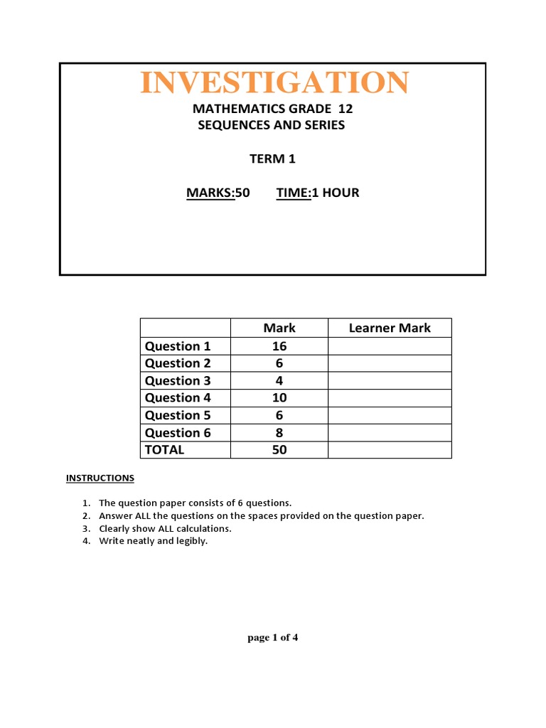 Grade 12 Sequences and Series Exam | PDF | Mathematical Concepts ...