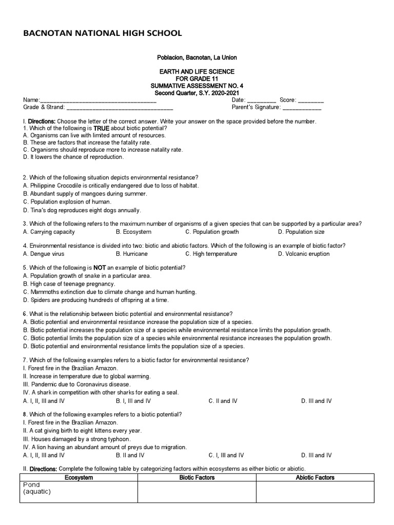 4TH Summative Test Els | PDF | Ecosystem | Pond